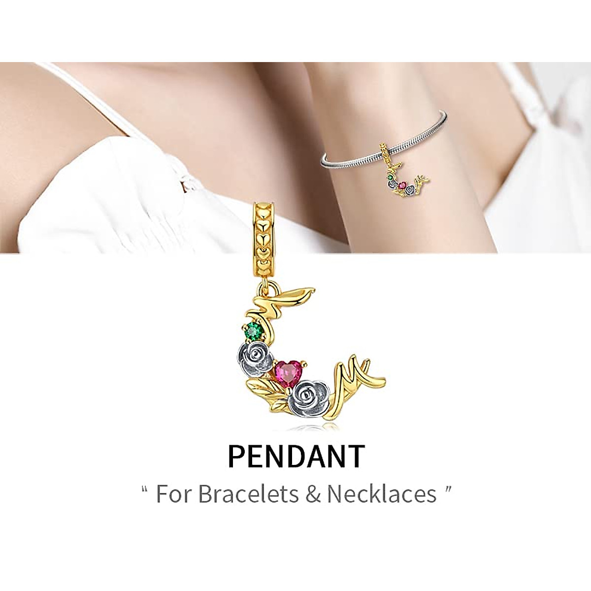 AIEGNOS Mom Flower Charm for Bracelet Necklace 925 Sterling Silver Gold Mother Charm for Mother Wife Women Birthday Mothers Day Gifts