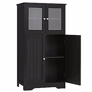 Iwell Bathroom Cabinet, Linen Storage Cabinet with Glass Doors & Adjustble Shelf, Bathroom Floor Cabinet, Cupboard for Living Room, Office, Enterway, Black