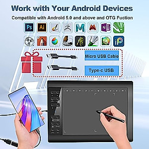 TeinenRon Graphics Drawing Tablet,10 x 6 Inch Drawing Tablet with 8192 Levels Pen and Bag,12 Hot Keys,Compatible with PC/Mac/Android for Painting,Design & Online Teaching