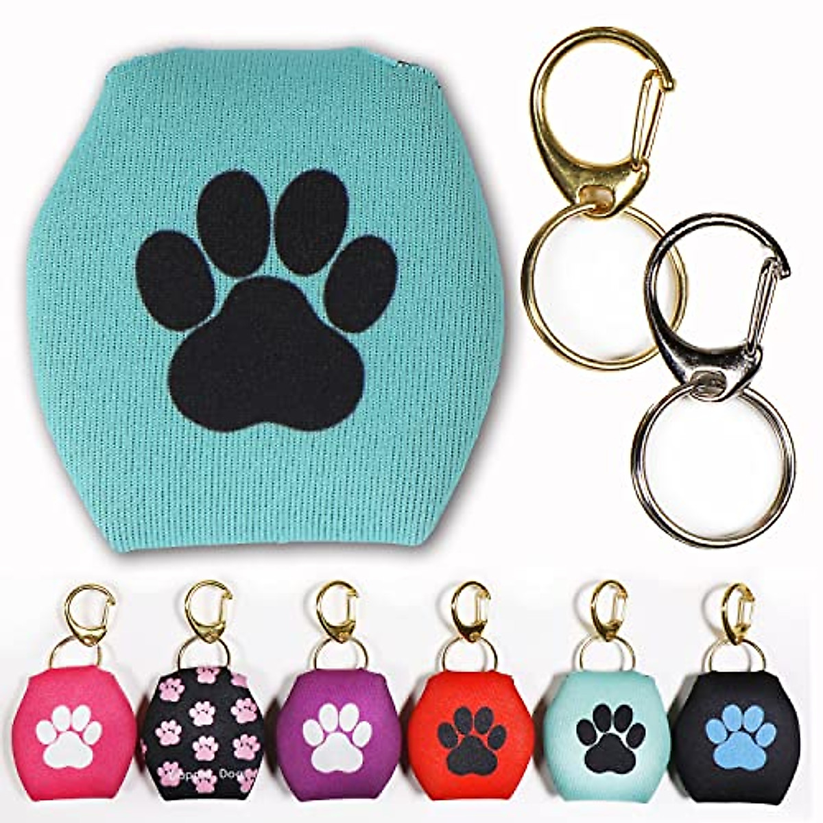 Dapper Dog Dog Tag Silencer with Gold and Silver Kwik Clips and Gold and Silver Tag Rings (Teal with Black Paw)