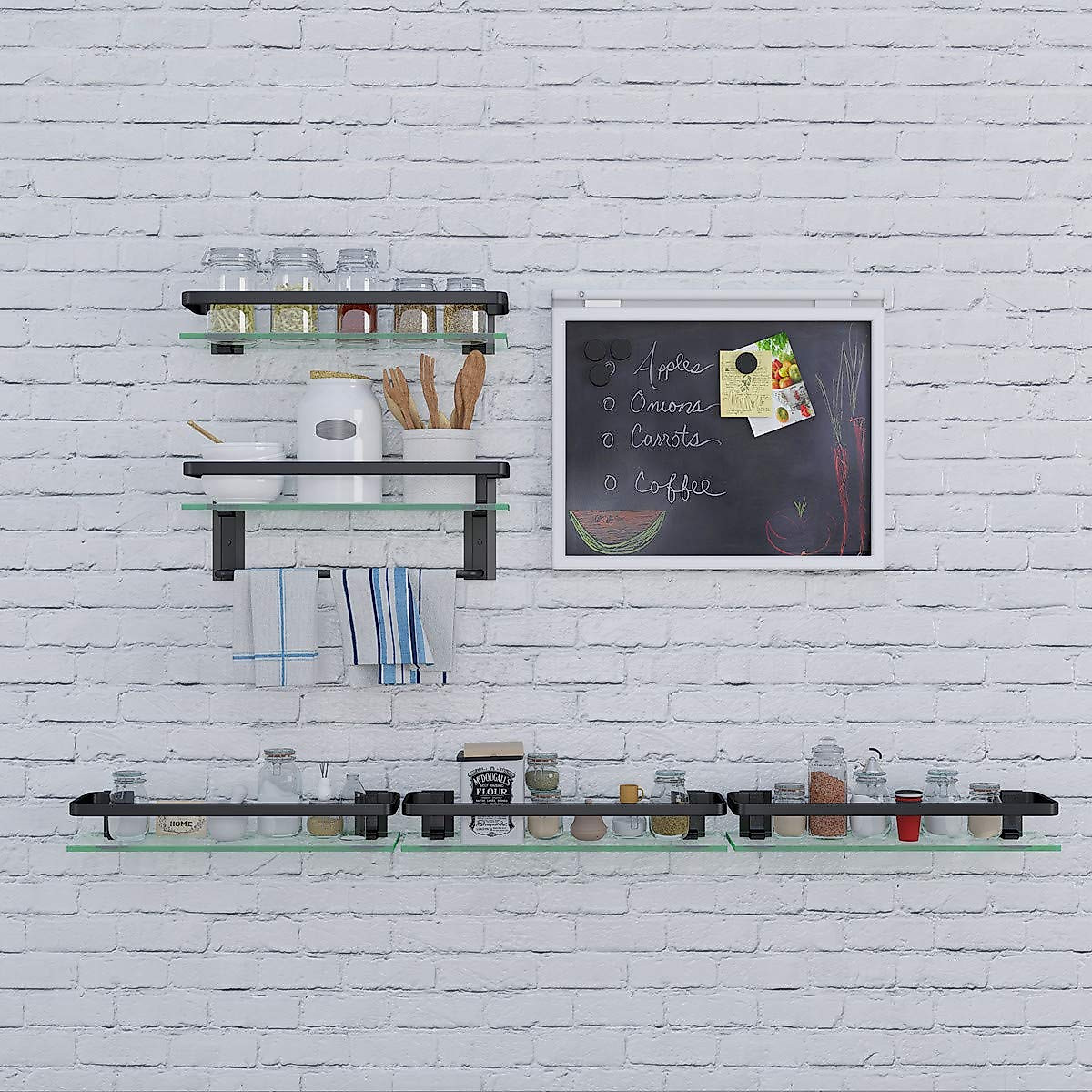 VOLPONE Glass Bathroom Shelf with Towel Bar 15.7in Bathroom Wall Shelves Rustproof Metal Bathroom Wall Organizer 2-Tier (Black)