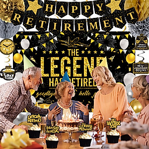 Retirement Party Decorations Men Women, Black Gold Happy Retirement Decorations, Happy Retirement Banner, Retired Backdrop, Balloons, Pompoms, Hanging Swirls, Retirement Card, Cake Topper Set 54pcs