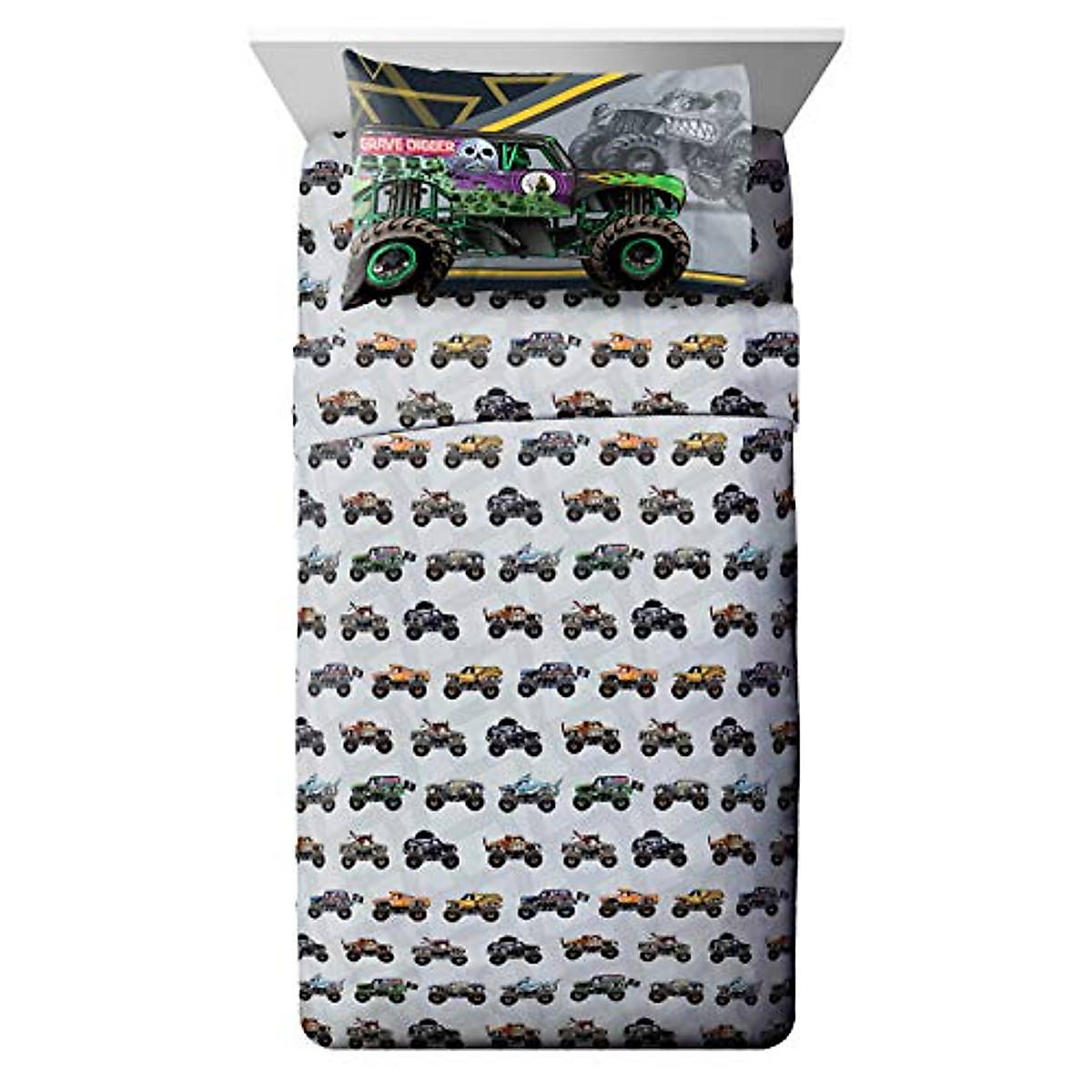 Jay franco Monster Jam MJ Life 4 Piece Twin Bed Set-Includes Reversible Comforter&Sheet Set-Bedding Features Grave Digger, Max-D, Megalodon-Super Soft Microfiber-(Official Monster Jam Product)