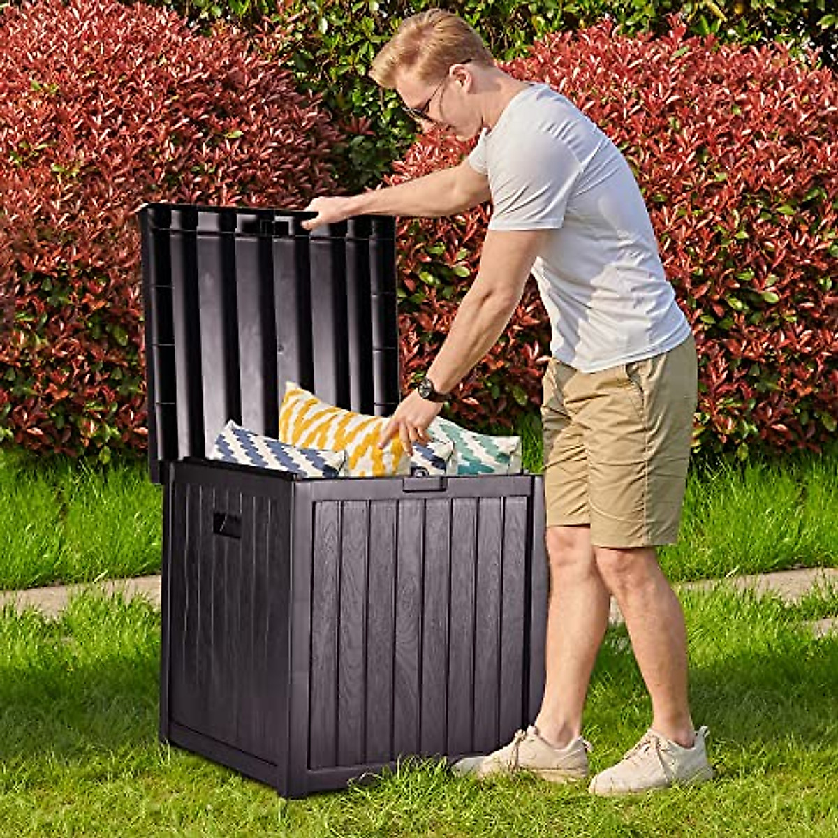 YITAHOME 51 Gallon Medium Deck Box,Outdoor Storage Container for Patio Cushions,Pool Supplies,Garden Tools,Weather, Resistant,Resin (Brown)