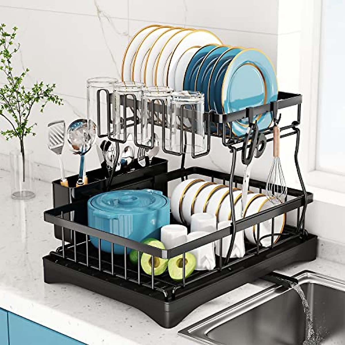 Doitsf Dish Drying Rack, 2 Tier Dish Racks for Kitchen Counter, Large Stainless Steel Kitchen Dish Drying Rack with Drainboard, Detachable Dish Drainers with Utensil Holders
