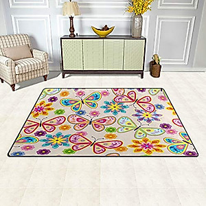 Linomo Area Rug Floral Butterfly Flower Floor Rugs Doormat Living Room Home Decor, Carpets Area Mats for Kids Boys Girls Bedroom 60 x 39 Inches