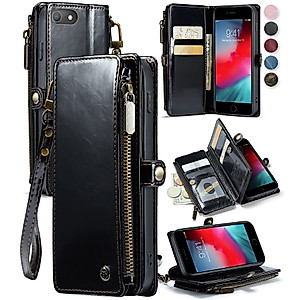 Defencase for iPhone 8/7/SE 2020/SE 2022 Wallet Case, for iPhone SE 2022 Case Wallet for Women Men, PU Leather Flip Strap Zipper Card Holder Phone Case for iPhone SE 3rd Generation 2022, Black