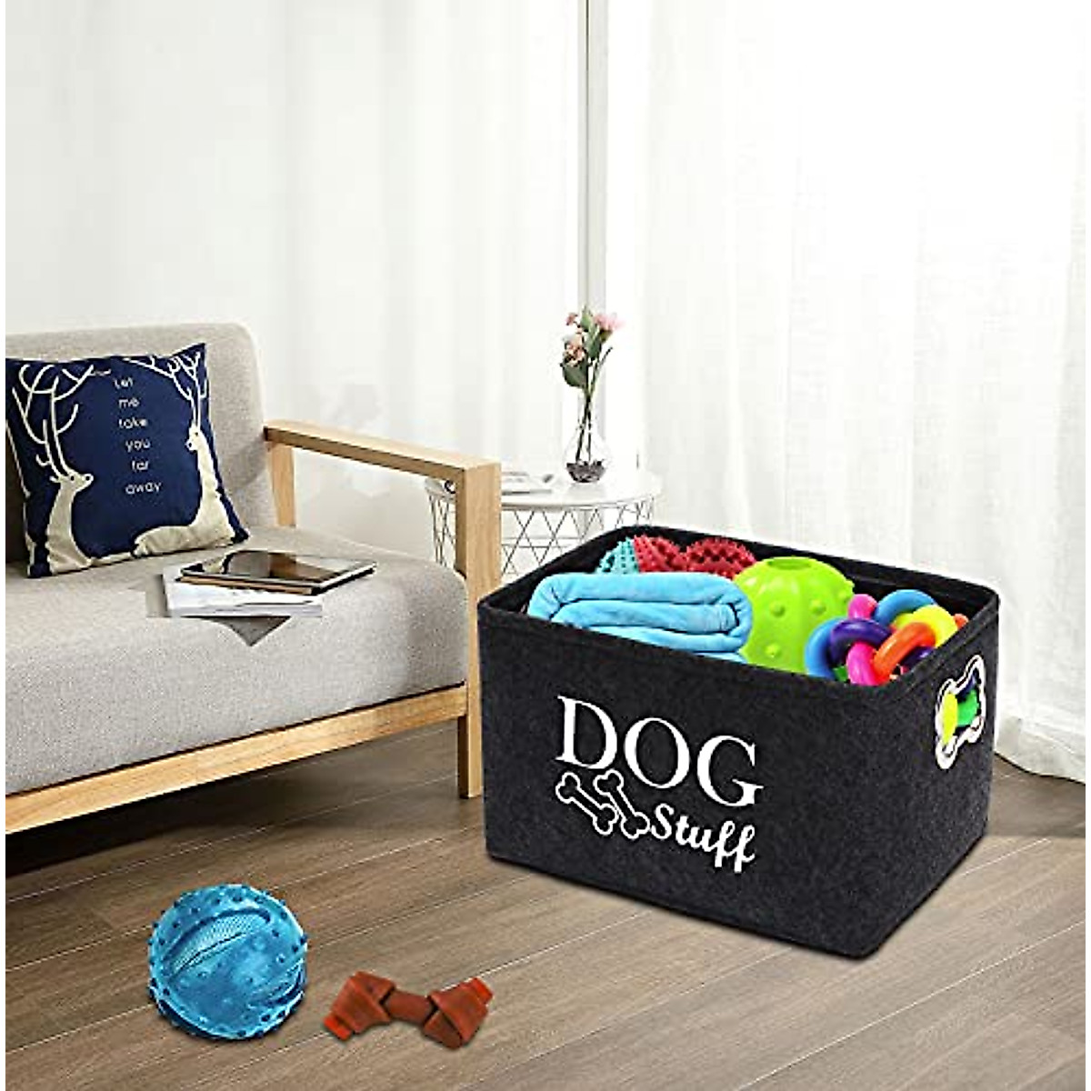 Brabtod Large Dog Toy Bin Dog Toy Storage Box Pet Toy Basket Collapsible Felt Open Storage Bin Cubes Organizer with Handles for Dog Leash Blanket Grooming Supplies -Dark Gray