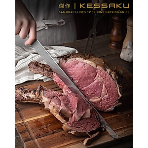 KESSAKU 14-Inch Slicing Carving Knife - Samurai Series - Serrated Granton Edge - Forged High Carbon 7Cr17MoV Stainless Steel - Pakkawood Handle with Blade Guard