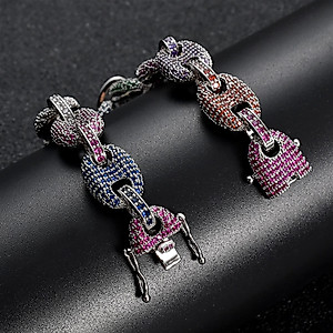 Five Domains Hip hop Hip Hop Bracelet Color Zircon Pig Nose Chain Coffee Bean Chain Real Gold Plated Men's Hip Hop Jigs (Color : Silver8inch)