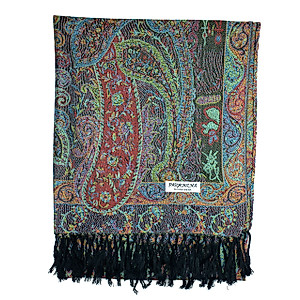 Plum Feathers Pashmina Scarf with Ethnic Tapestry Style Paisley Pattern - 67" x 28" Everyday Pashmina Travel Wrap and Shawl (Black Multi Tapestry)