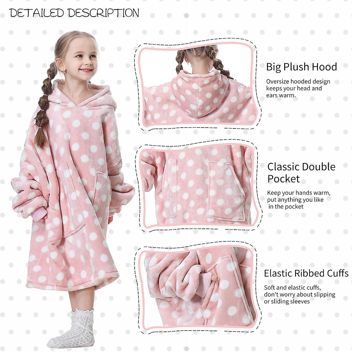 Aemicion Kids Blanket Hoodie,Oversized Wearable Blanket,Cozy Sherpa Sweatshirt Blanket,Gifts for Kids-Pink Polka Dot