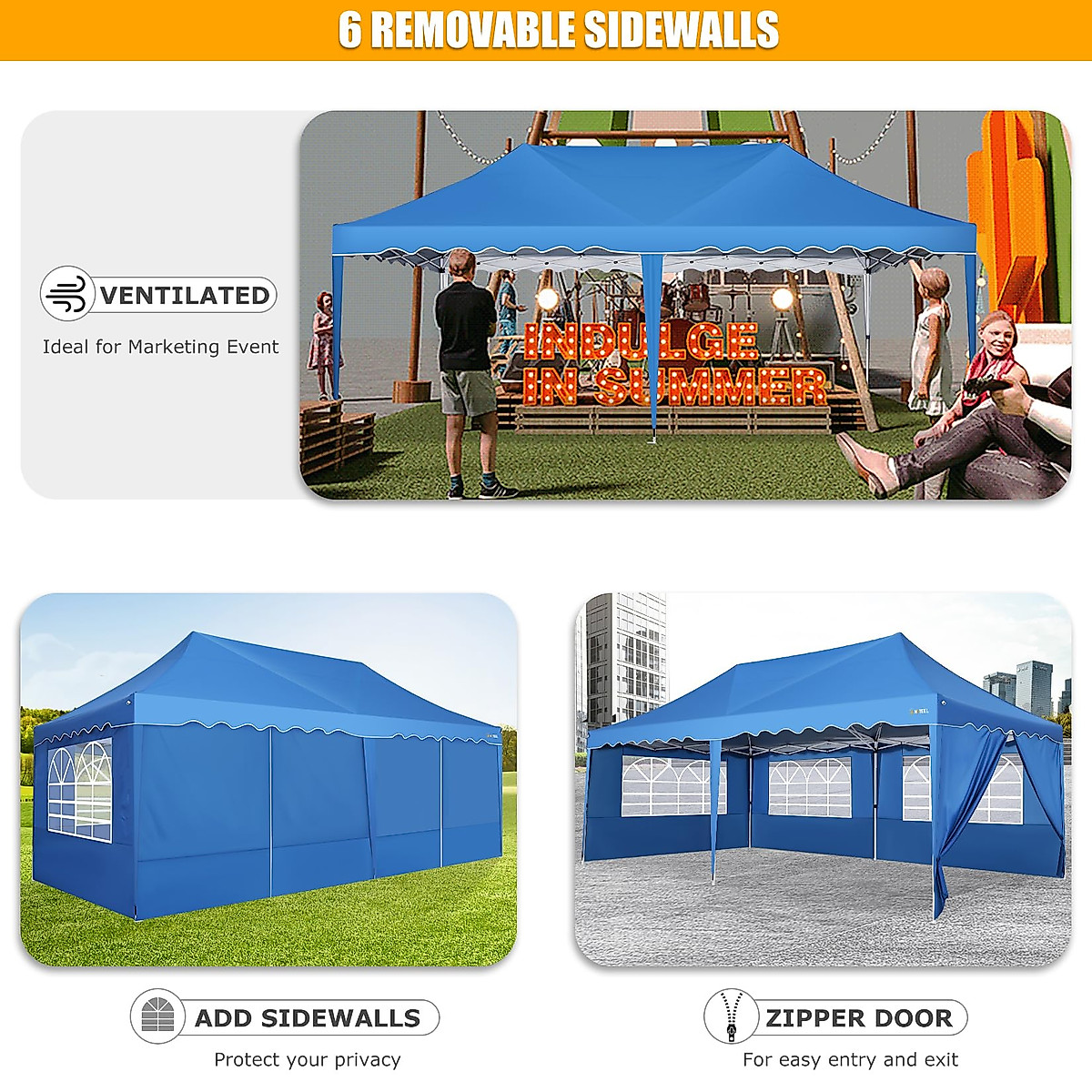 HOTEEL 10x20 Canopy Pop up Canopy with 6 Sidewalls, Easy Setup Canopy Tent Waterproof Tents for Parties with Wheeled Bag, 4 Weight Bag, UV50+ Outdoor Event Tent Vendor Tent, High Roof, Metal Leg, Blue