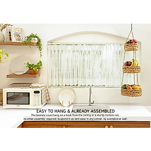 Hanging Fruit Basket 3 Tier for Kitchen, Handmade Natural Rattan Handwoven Wicker Seagrass Woven Wall Baskets Vegetable Organizer Produce Fruit Holder Counter Space Saver Storage Boho Hanging Planter