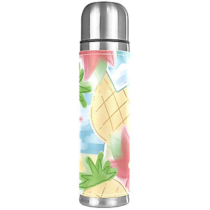Stainless Steel Leather Vacuum Insulated Mug Pineapple Thermos Water Bottle for Hot and Cold Drinks Kids Adults 16 Oz