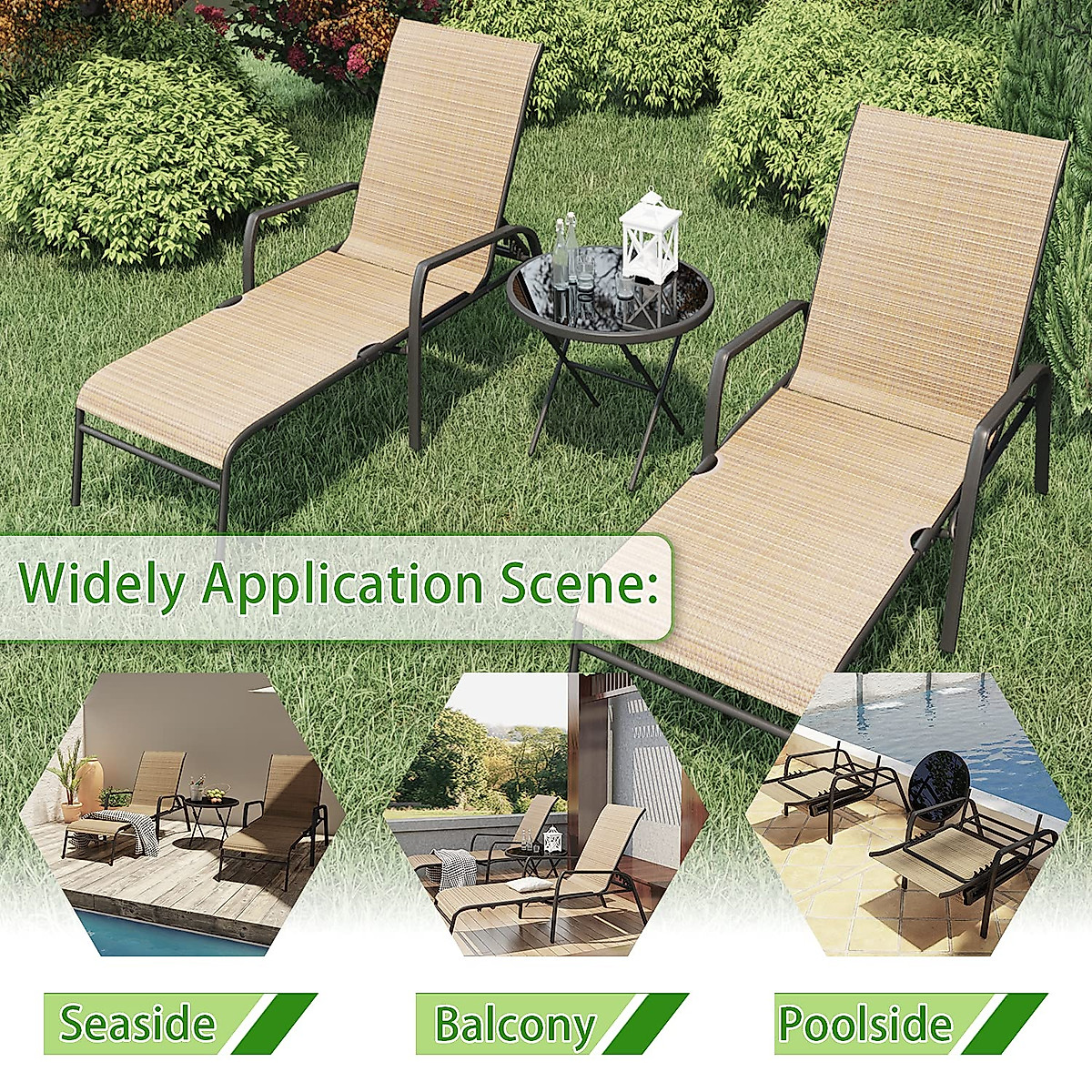 Devoko Patio Chaise Lounges Sets Outdoor Lounge Chairs with Adjustable Backrest & Sturdy Glass Top Coffee Table Suitable for Poolside, Beach, Backyard, Garden (Beige)