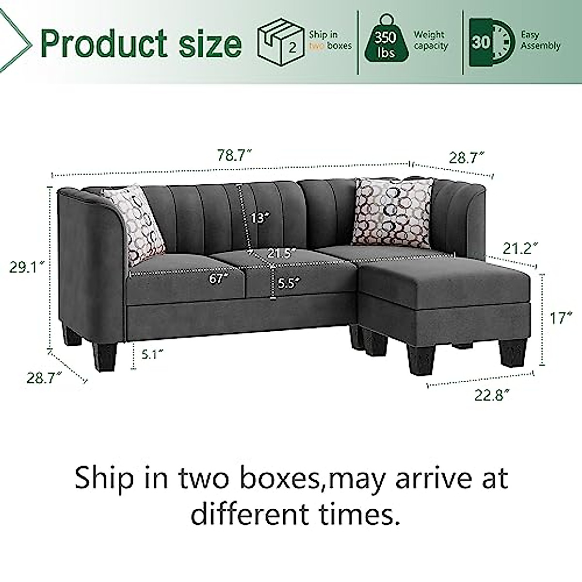 Shintenchi Upgraded Convertible Sectional Sofa Couch, 3 Seat L Shaped Sofa with High Armrest Linen Fabric Small Couch Mid Century for Living Room, Apartment and Office (Black)