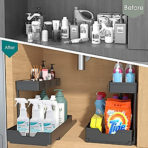 Karlsitek Under Sink Organizers and Storage,2 Pcs Under Sink Organizers,2-Tier L-Shape Bathroom Organizer,Sliding Cabinet Organizer Drawer with 2 Hanging Cups and 8 Hooks for Kitchen Bathroom Office