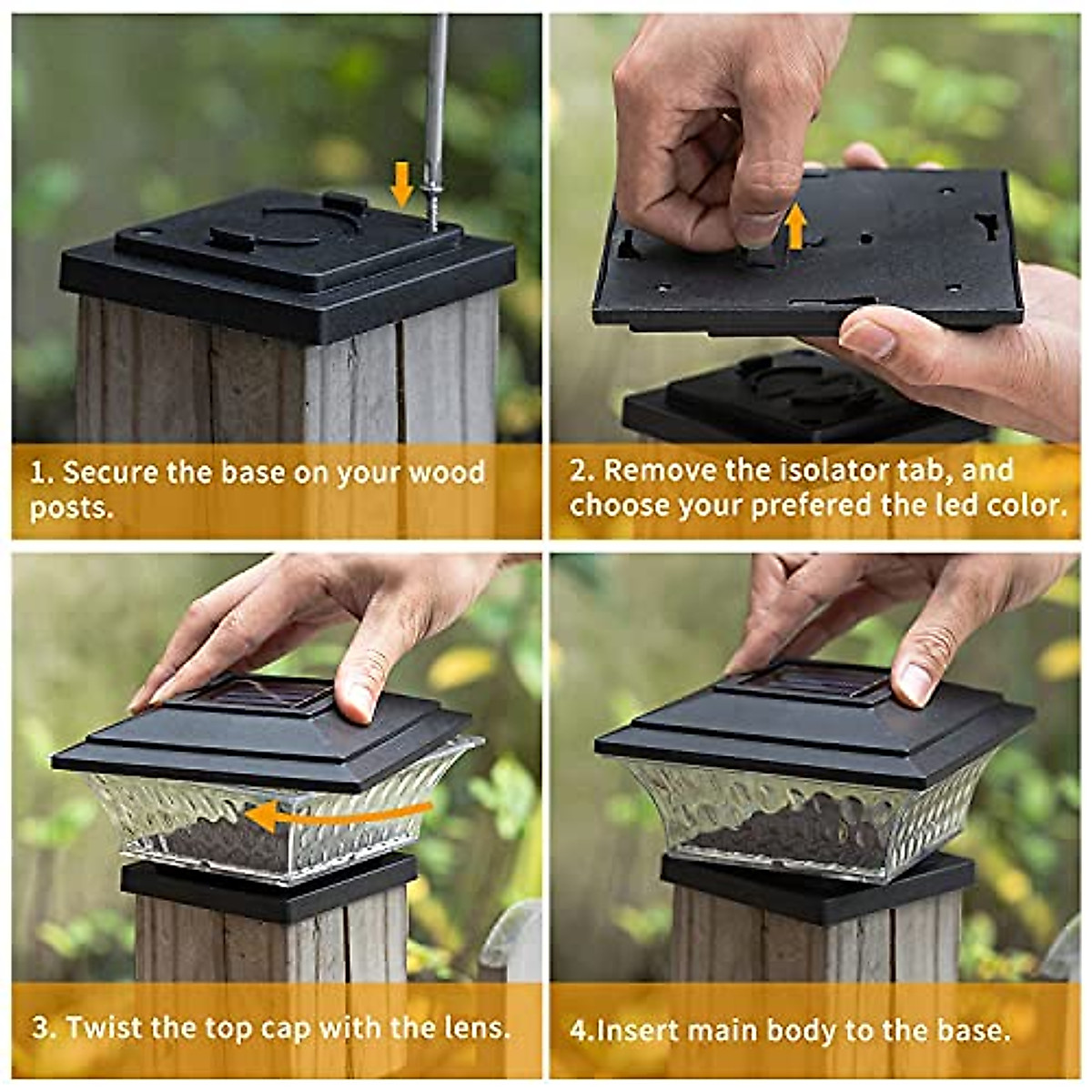 HUYIENO Solar Post Cap Lights Outdoor LED Lighting Deck Fence Cap Light Two Light Modes Warm White/Bright White Suitable for 4x4 Wooden Posts Black 4PK