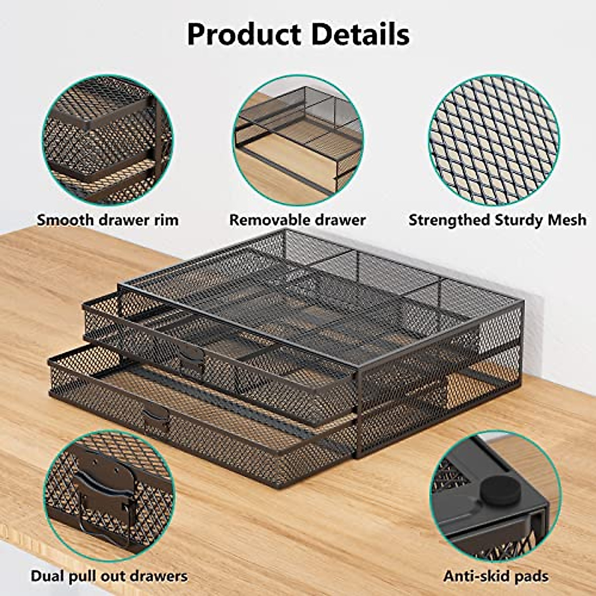 WALI Metal Mesh Monitor Riser Desktop Stand with Storage Drawers for Computer, Laptop, LED, LCD, OLED Flat Screen Display, and Printer (STT006-B), Black