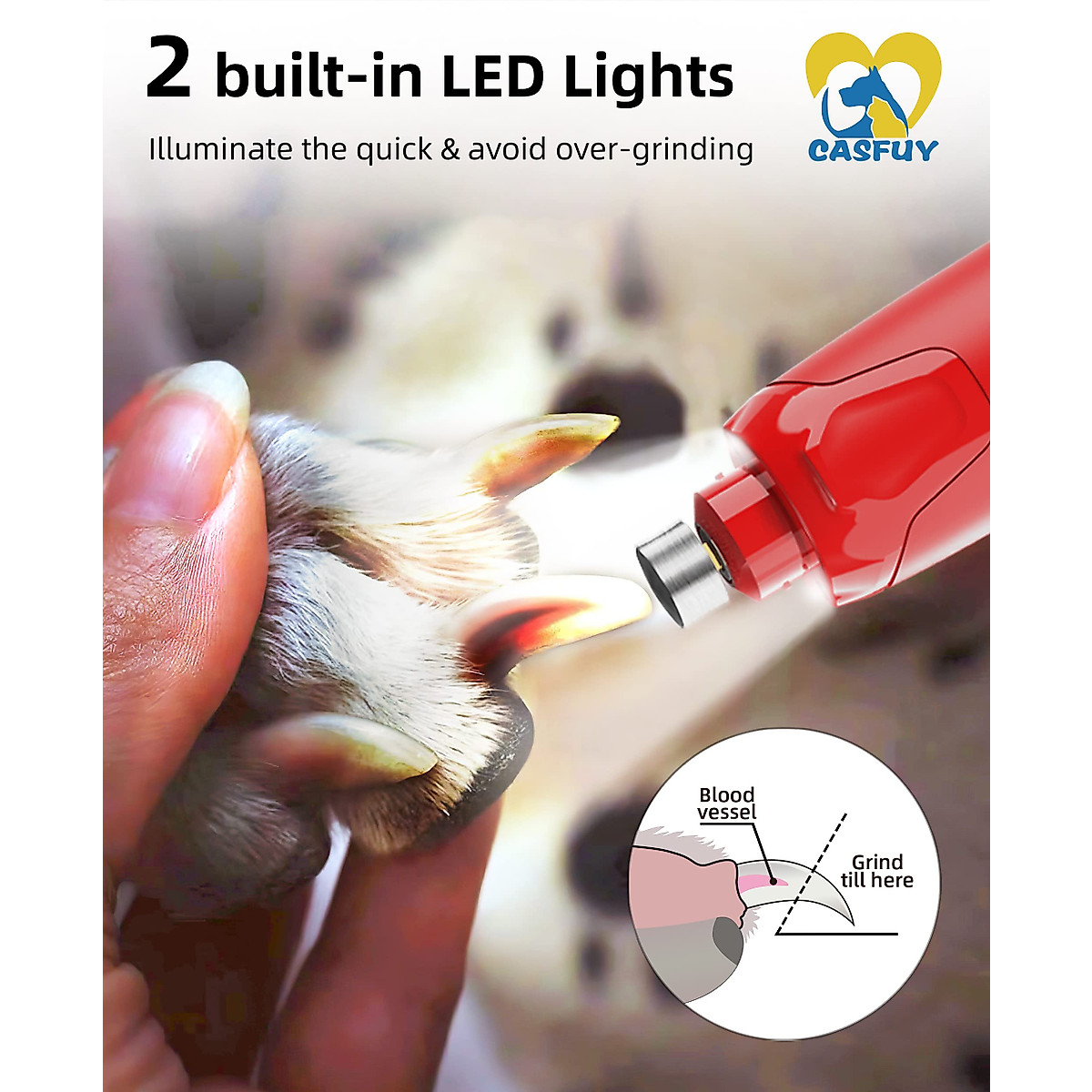 Casfuy Dog Nail Grinder Quiet - (45db) 6-Speed Pet Nail Grinder with 2 LED Lights for Large Medium Small Dogs/Cats, Professional 3 Ports Rechargeable Electric Dog Nail Trimmer with Dust Cap(Red)