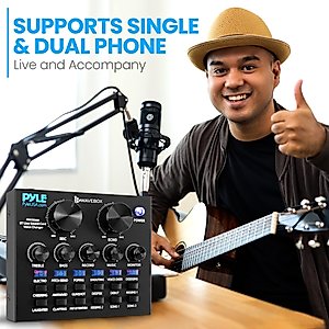 Pyle Bluetooth Mini Audio Podcast Mixer - Live Streaming For PC Computer iPhone Broadcasting Voice Changer V8 Sound Card with 12 Sound Effects,3 Inputs, Mic Input - PKSCRD208.5