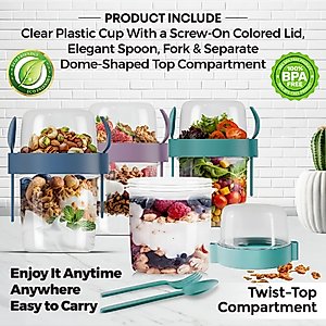 QUASLEQ 4-Pack Yogurt Parfait Cups - with Lids and Spoons - Reusable Yogurt Containers for On-the-Go - Portable Yogurt Cups with Topping Storage - Ideal for Oatmeal and Breakfast Prep (22 oz-650 Ml)