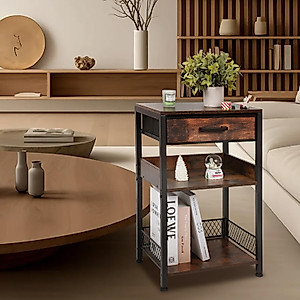 3 Tier End Table,Small Side Table with Storage Drawer,24.8 inch Tall Night Stand for Small Spaces, Brown Bedside Table,Side Table for Living Room,Bedroom,Office