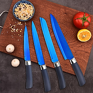 Knife Set, Kitchen Non Stick Knives Set with Block Thick Blade Cutlery Knife Block Sets with Sharpener 6pcs Steak Knife Shears Chef Sharp Quality Aluminum Alloy Block Blue Handle and Blade
