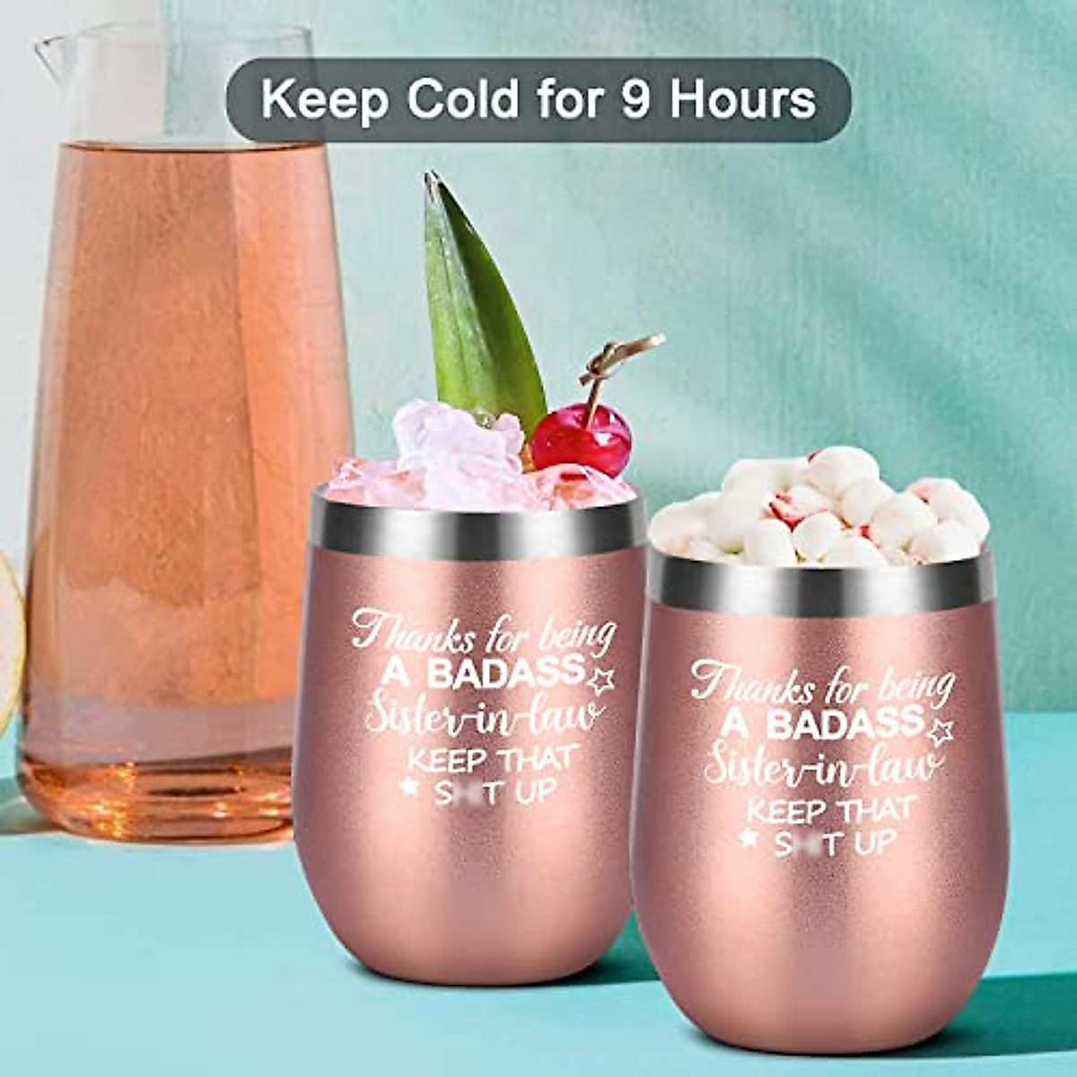 Sister in Law Gifts, A BADASS Sister in Law Wine Tumbler, Christmas Birthday Wedding Gifts for Sister in Law Women from Bride, 12 Oz Stainless Steel Insulated Wine Tumbler with Lid, Rose Gold