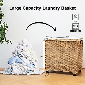 OIAHOMY Laundry Hamper with Lid, 140L Synthetic Rattan Clothes Hamper with Handles, Handwoven Large Laundry Basket with 3 Removable Liner Bags, Foldable, Laundry Room, Bedroom, 27*13*26 Inches, Yellow