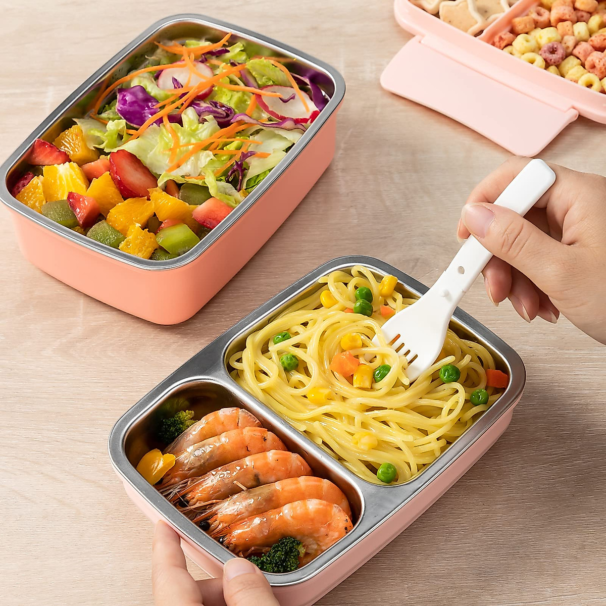 Freshmage Stainless Steel Bento Box for Adults & Kids, Leakproof Stackable Large Capacity Dishwasher Safe Lunch Container with Divided Compartments, Pink