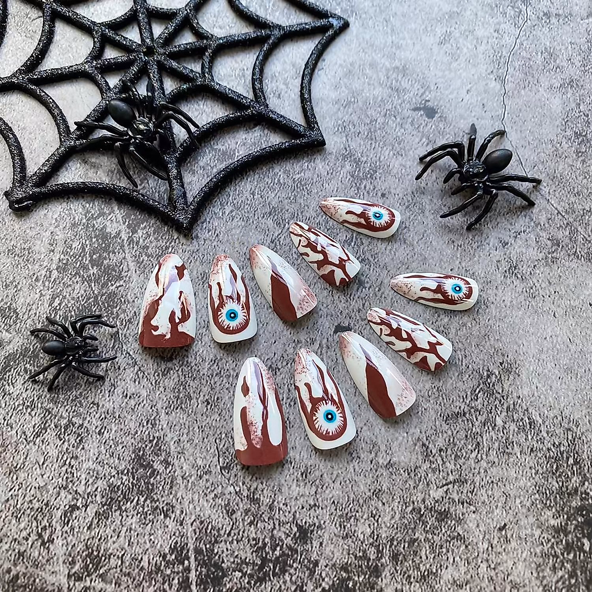24 Pcs Halloween Press on Nails Almond White Fake Nails Blood stains and Terror Eyeballs Designs Full Cover False Nails with Glossy Stick on Nails for Women