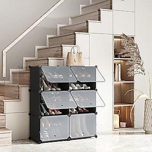 Cuzdeco Shoe Organizer Cabient, 6 Cube 12 Tiers Shoe Rack with Door, 24 Pairs Plastic Shoes Storage Cabinet Expandable Free Standing Shoe Rack, for Closet Entryway Hallway Bedroom, Black