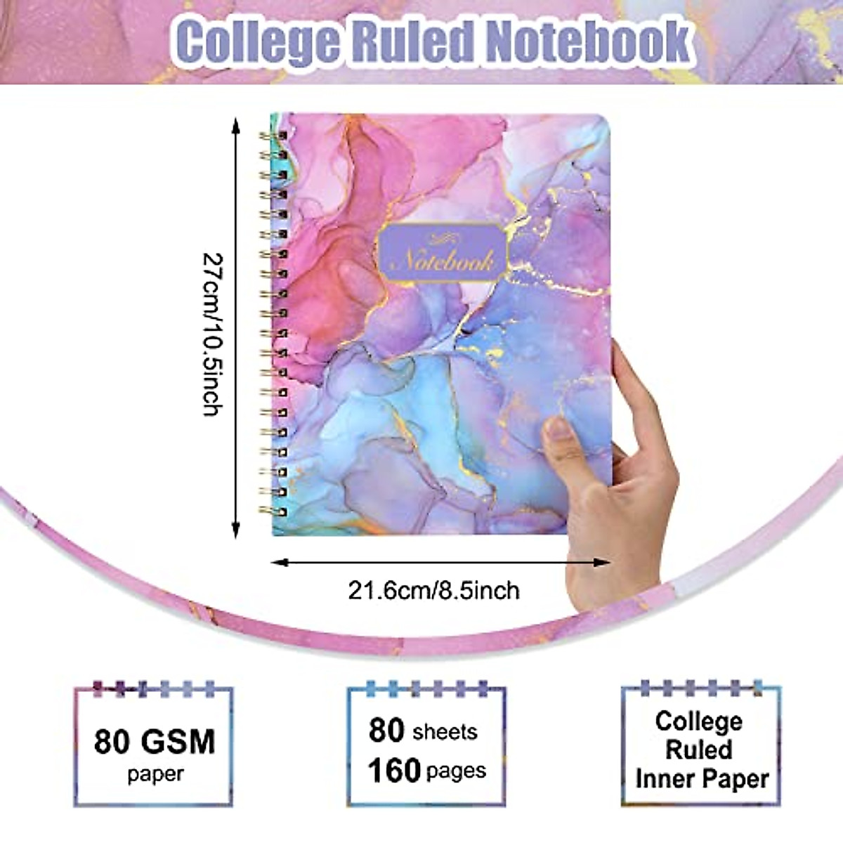 EOOUT Spiral Notebook Journal For Women 10.5" x 8.5" Marble College Ruled Notebook With Large Pockets and Lined Pages, Hardcover Spiral Journal for School Office Home Gifts