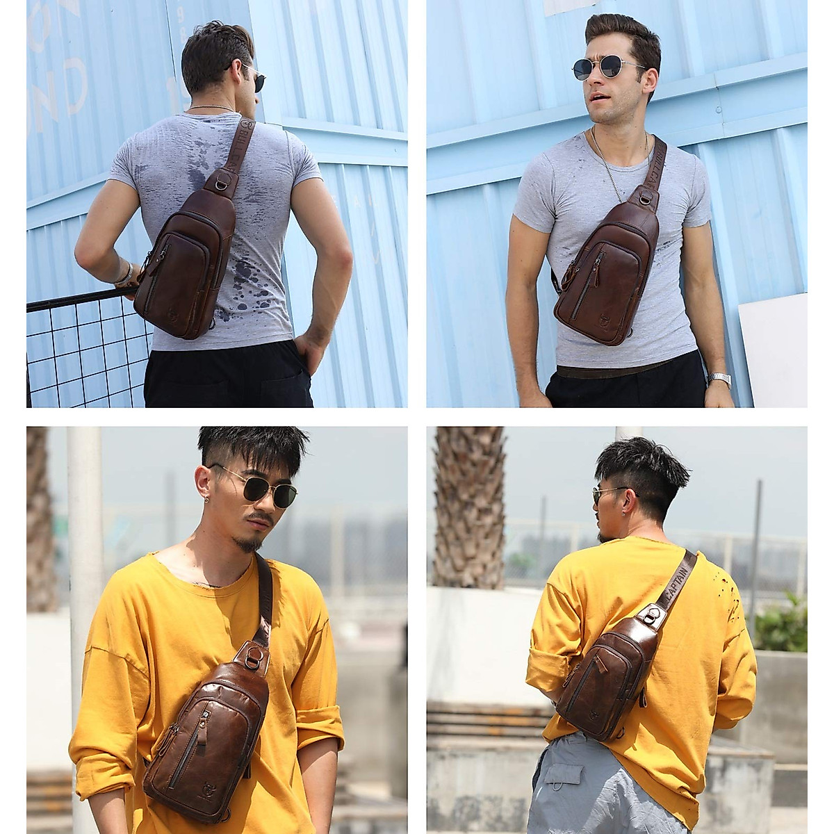 Genuine Leather Men Bag Shoulder Bags Backpack Outdoor Casual Crossbody Bag (Brown)
