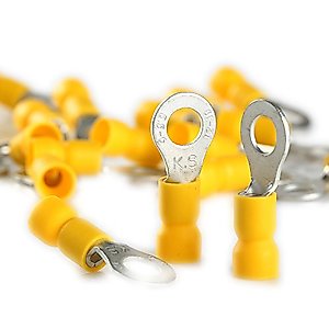 100 Pack Wire Ring Terminals Vinyl Yellow 12-10 Gauge Car Audio Connectors (1/4")