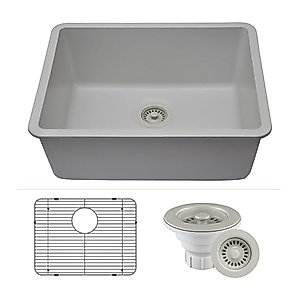 23" x 18" Quartz Kitchen Sink, Single Bowl Kitchen Sinks, Drop in Kitchen Sink, Granite Composite Kitchen Sink, Undermount Sink, Galaxy White Kitchen Sink, Includes Grid, Strainer, Flange, LP-2318-W