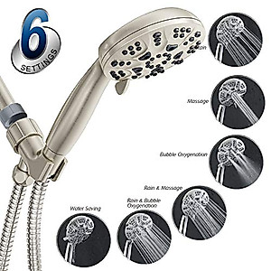 Egretshower Handheld Shower Head High Pressure 6-Setting Spray Detachable 4.3" Hand Held Rain Showerhead with long Stainless Steel Hose and Adjustable Bracket - Brushed Nickel