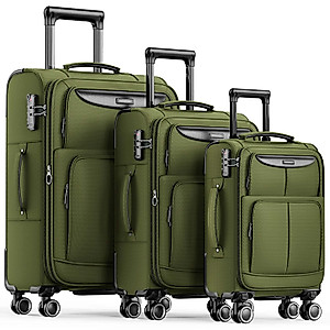 SHOWKOO Luggage Sets 3 Piece Softside Expandable Lightweight Durable Suitcase Sets Double Spinner Wheels TSA Lock Olive Green (20in/24in/28in)