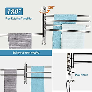 SCDGRW Swivel Towel bar 5 arm - Stainless Steel Bathroom Swing Towel Rack with Hook- Wall Mounted Towel Holder Storage Organizer for Bathroom Kitchen
