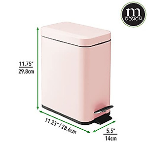 mDesign Small Modern 1.3 Gallon Rectangle Metal Lidded Step Trash Can, Compact Garbage Bin with Removable Liner Bucket and Handle for Bathroom, Kitchen, Craft Room, Office, Garage - Light Pink