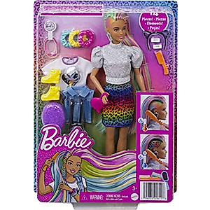 Barbie Doll Leopard Rainbow Hair Brunette With Color-Change Highlights & 16 Styling Accessories Including Clothes, Scrunchies, Brush & More