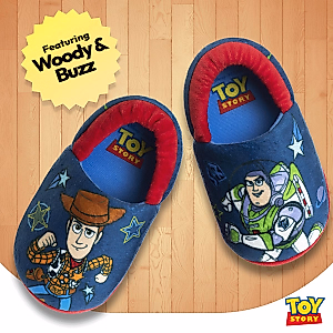 Disney Toy Story Slippers - Buzz Lightyear and Sheriff Woody Fuzzy PJ House Shoes - Boys Pajama Indoor Warm Slipper - Navy Blue/Red (size 9-10 Toddler)