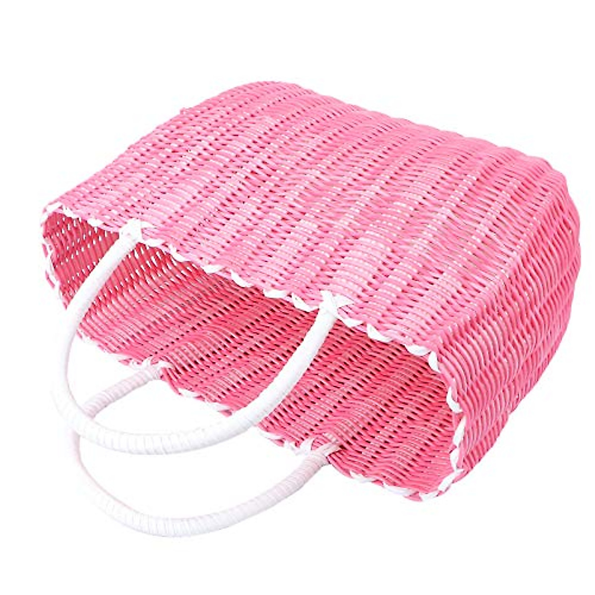 Housoutil Woven Grocery Bag, Plastic Market Basket Reusable Shopping Bag with Handle, Tote Bag Fruit and Vegetable Bags- Pink(About 35.00X24.00X14.00cm; 13.76X9.43X5.50in)