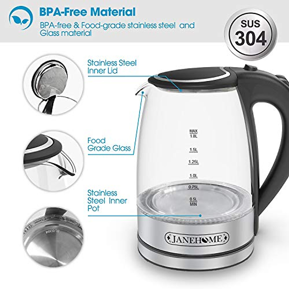 Plaman Electric Kettle,Glass Tea Kettle 1.8L with Blue LED for Boiling Water,BPA-Free Hot Water Glass Kettle with Auto Shut-Off and Boil Dry Protection for Coffee & Tea