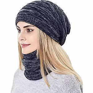 Womens Slouchy Beanie and Scarf Set for Girls Warm Knit Winter Ski Hat with Fleece Lined (BLACK)