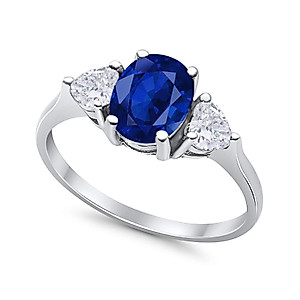 Simulated Blue Sapphire Cubic Zirconia Size-9 Fashion Promise Ring 3-Stone Oval & Heart Simulated CZ 925 Sterling Silver