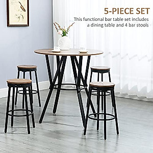 HOMCOM 5-Piece Bar Table and Chairs Set with Swivel Seat, Industrial Round Kitchen Table and 4 Bar Stools for Pub, Dining Room, Light Brown