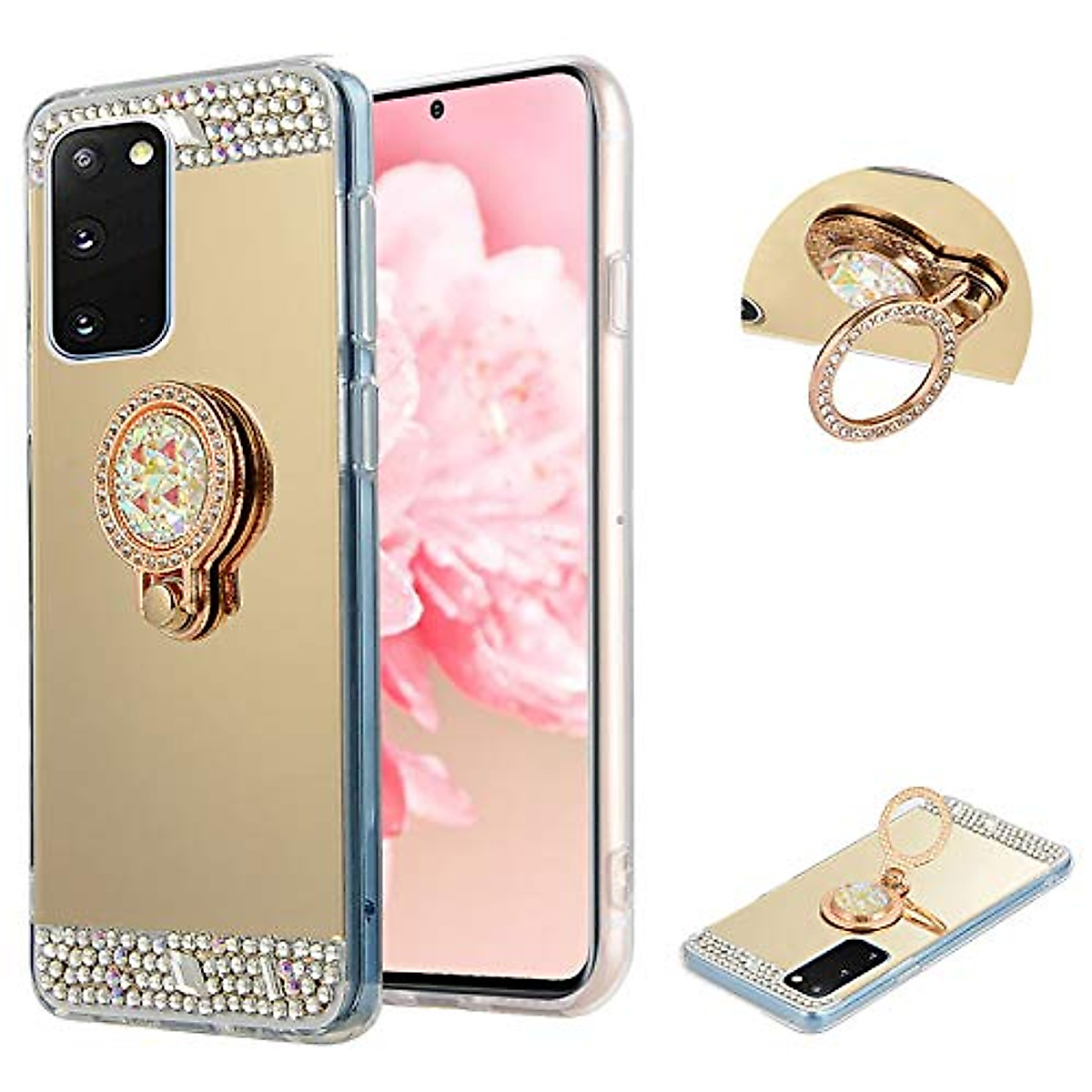 LCHDA Glitter Case for Samsung Galaxy S20 6.2 Inch, Bling Makeup Mirror Luxury Sparkle Rhinestone Diamond with Ring Kickstand Soft Clear Crystal TPU Bumper Cover with Finger Holder Grip - Gold